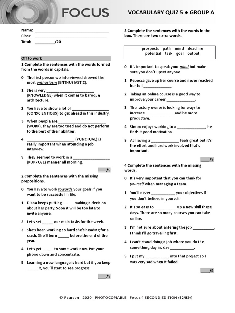 Focus4 2E Vocabulary Quiz Unit5 GroupA | PDF | Psychology | Cognition