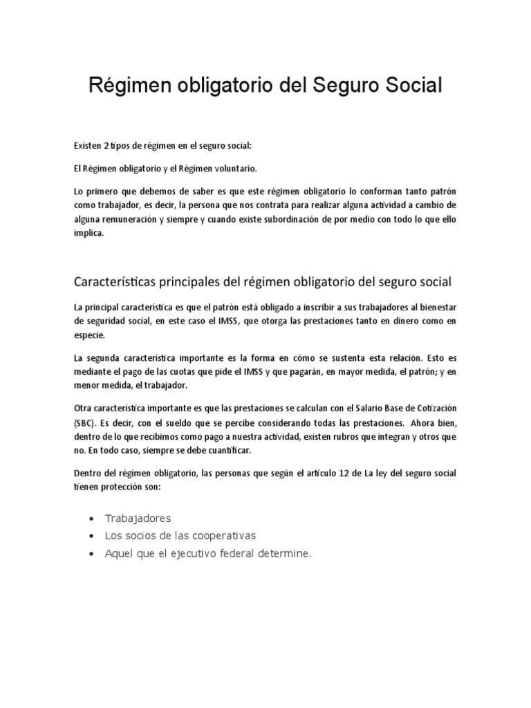 Régimen Obligatorio del Seguro Social | PDF | Seguro | Salario