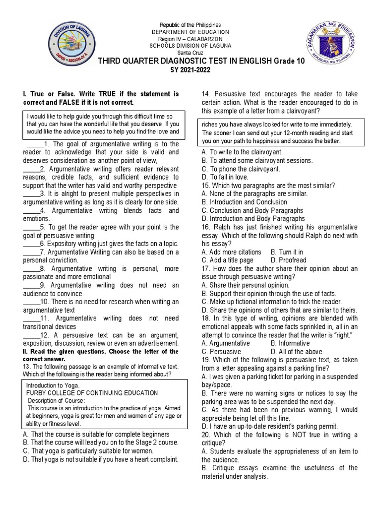 3RD Quarter Diagnostic Test | PDF
