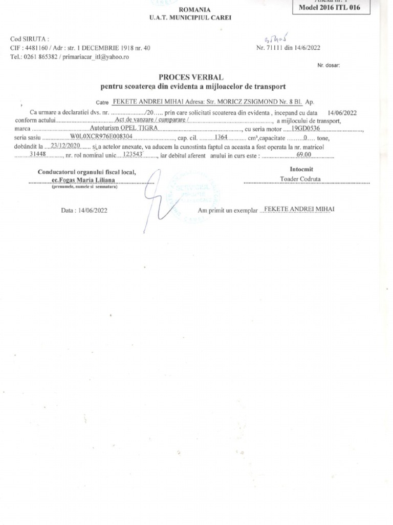 Proces Verbal Scoatere Din Evidenta | PDF