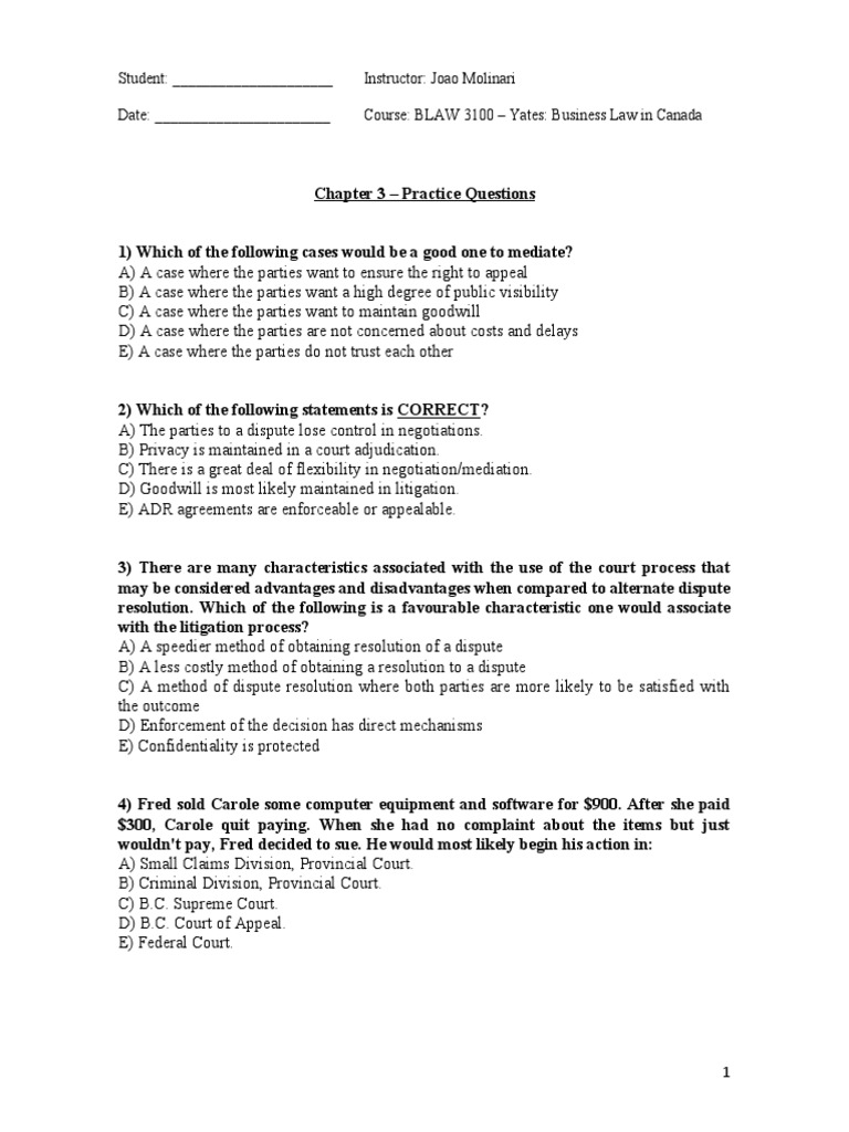 03 - CH - Practice Questions - STUDENT | PDF | Cause Of Action | Burden ...