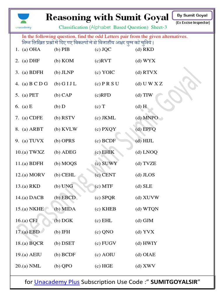 Alphabet-Based Odd Letter Pair Classification Questions with Answer Key ... Alphabet-Based Odd Letter Pair Classification Questions with Answer Key ...