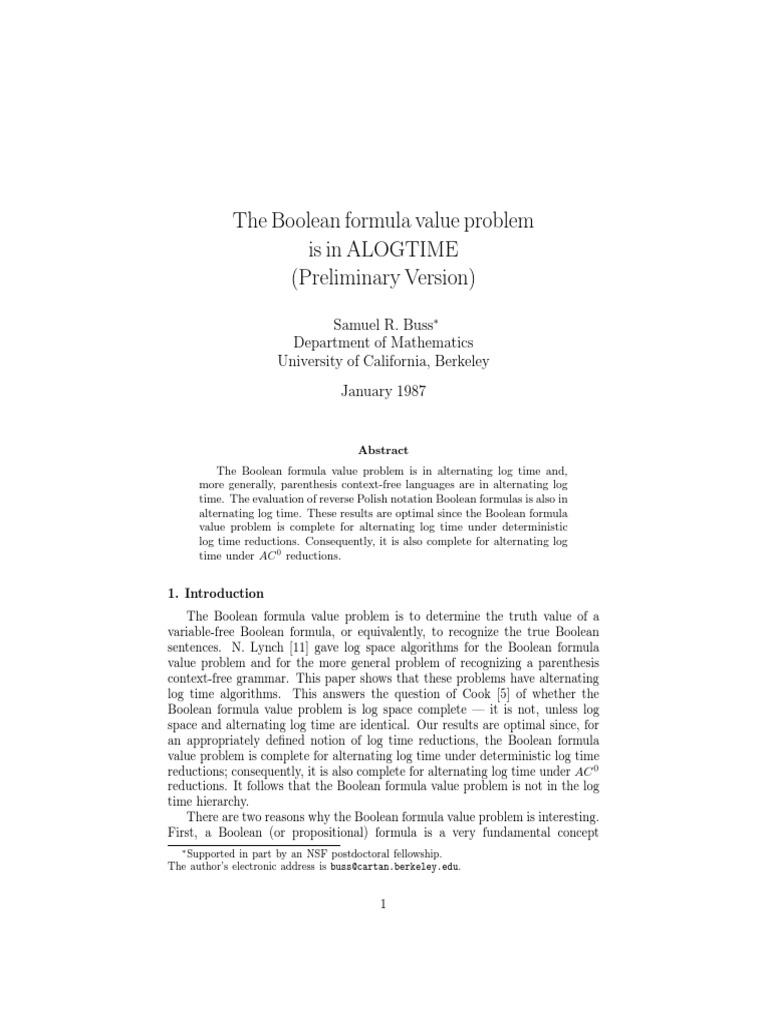 The Boolean Formula Value Problem Is in Alogtime (Preliminary Version) | PDF | Boolean Algebra ...