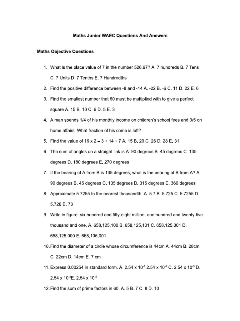 Junior Waec Maths | PDF