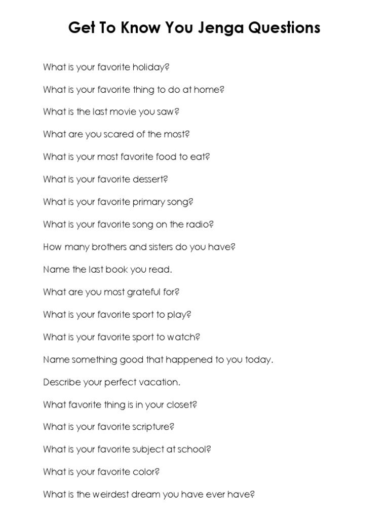 Jenga Questions for Getting to Know You | PDF | Language Arts & Discipline
