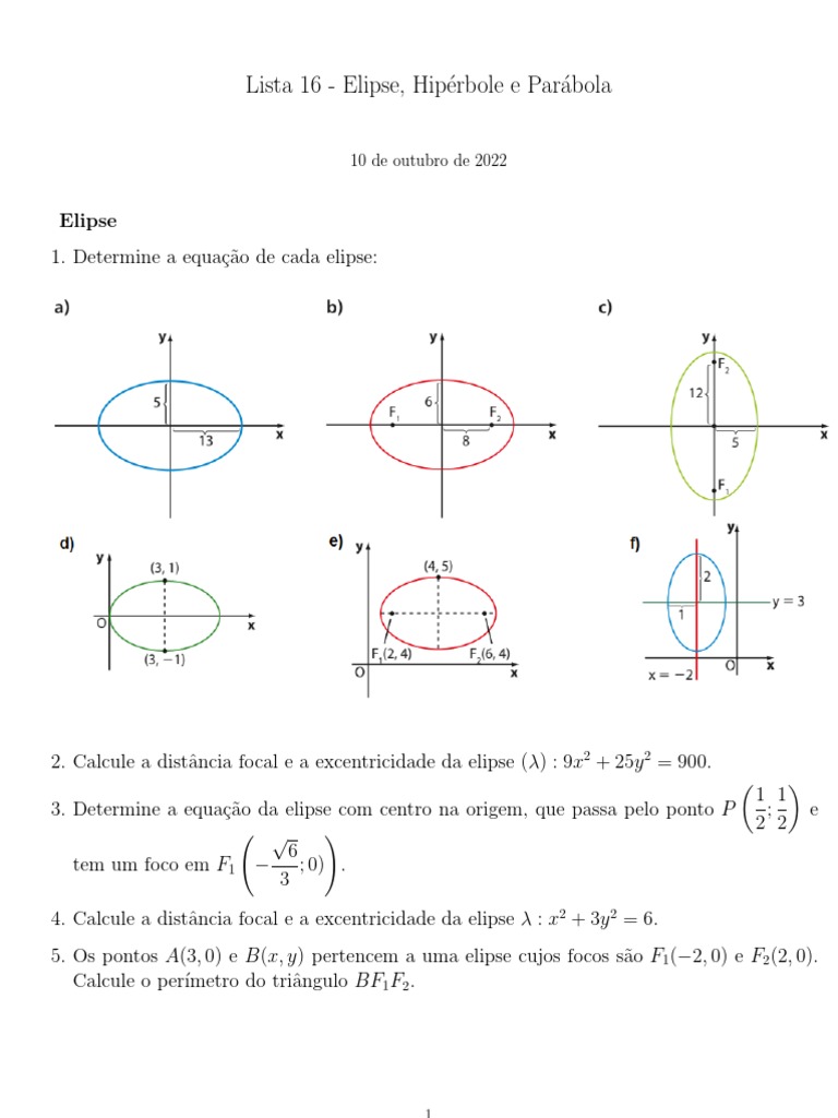 Lista 16 - Elipse - Hiperbole e Parábola | PDF | Elipse | Objetos geométricos
