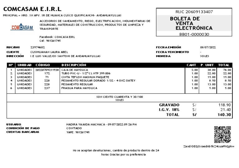 Boleta de Venta Electrónica: #Unidad Código Descripción Cant. P. Unit. Total | PDF