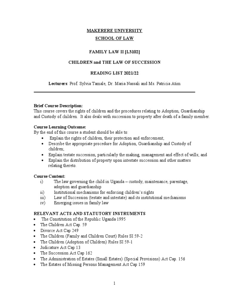 Family Law II Reading List 2022 Download Free PDF Convention On