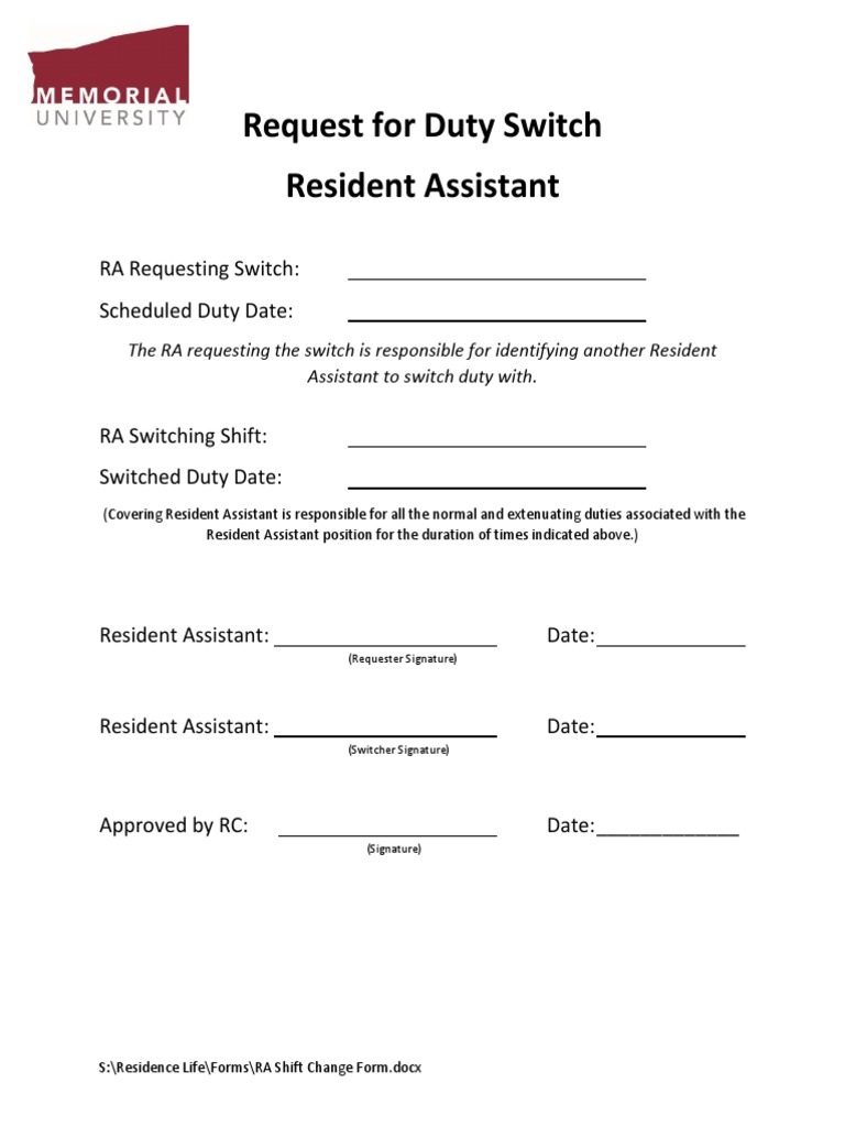 RA Shift Change Form | PDF