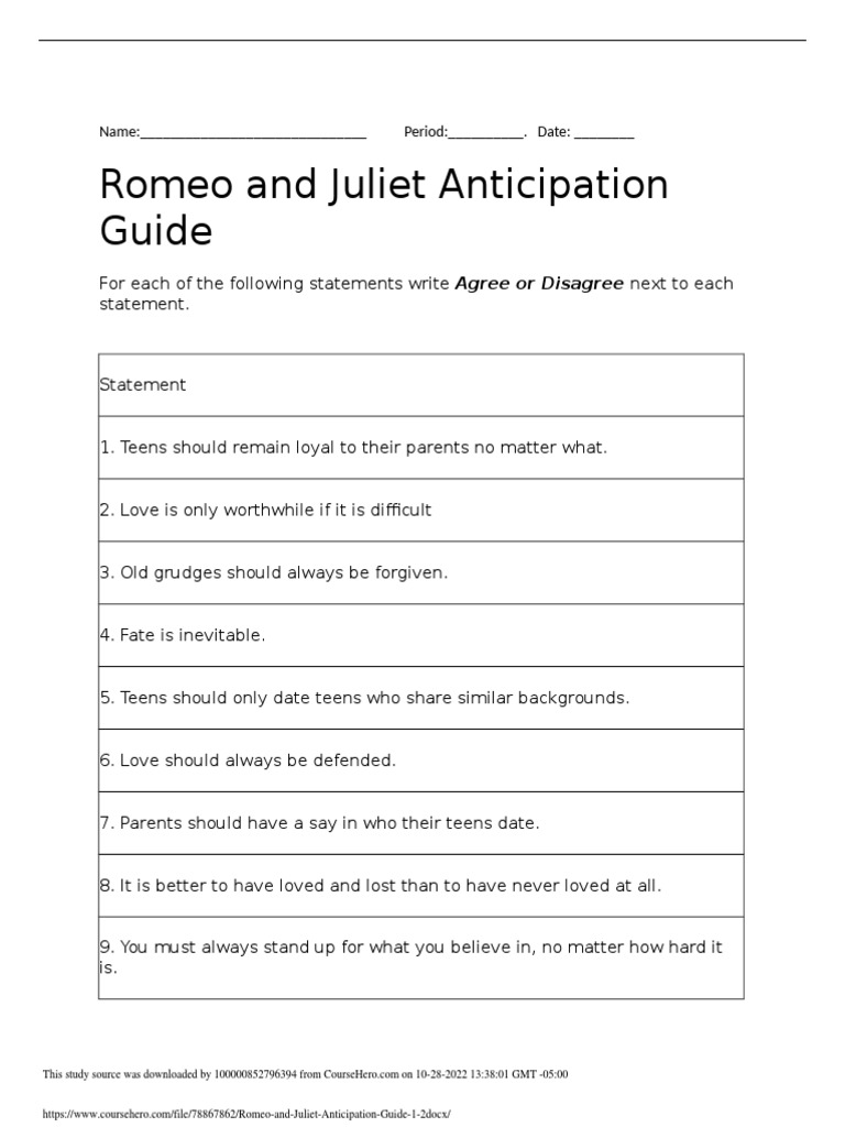 Romeo and Juliet Anticipation Guide 1 2 | PDF | Adolescence | Reason