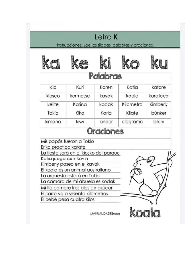 Palabras Con K Para Niños Hoja De Trabajo Educativa Para Niños: