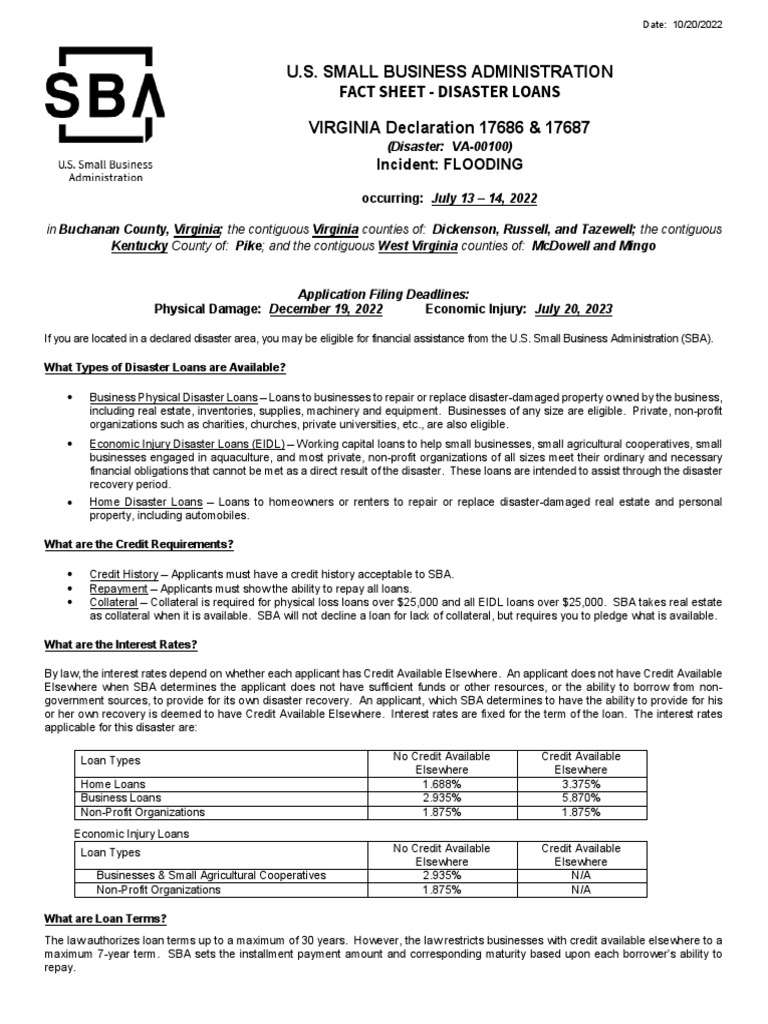 U.S. Small Business Administration Fact Sheet - Disaster Loans | PDF ...