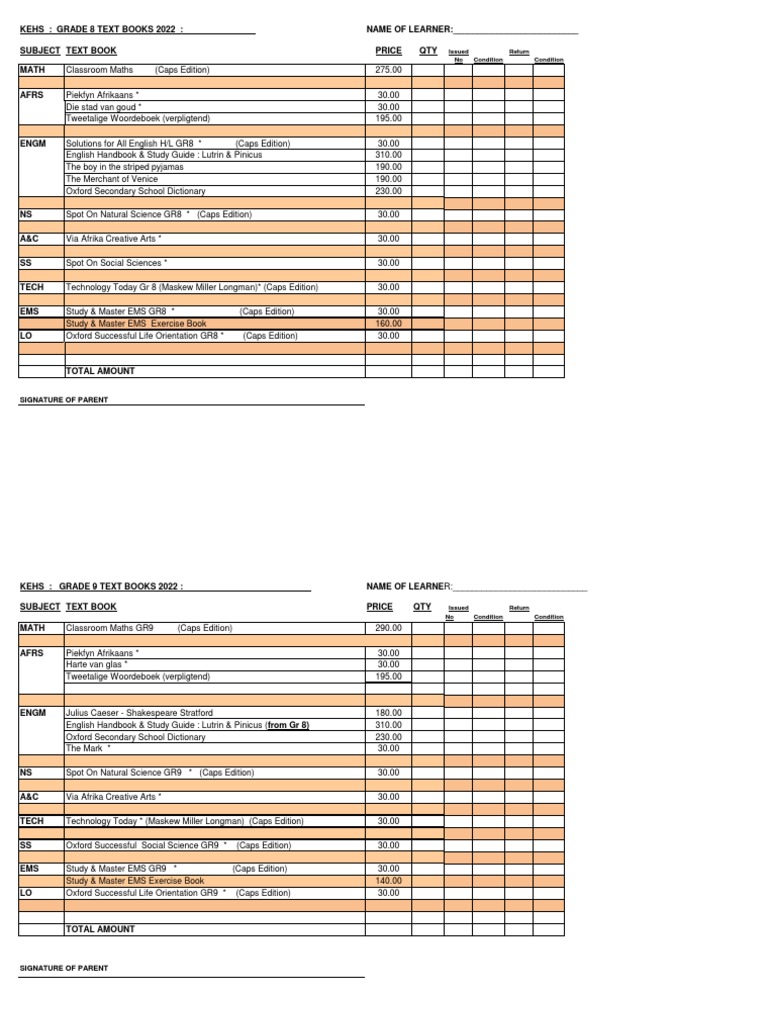 KEHS 2022 Textbooks List by Grade | PDF | Science