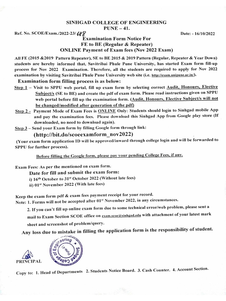 FE To BE Exam Form Notice Nov 2022 | PDF