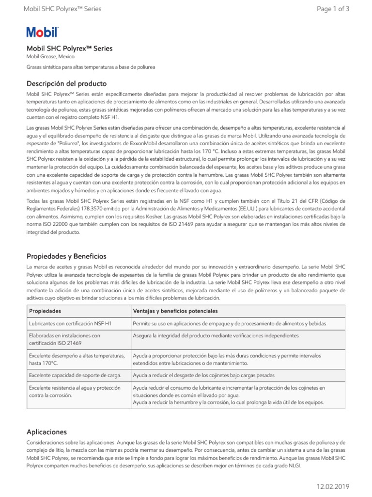 GLXXMobil SHC Polyrex Series | PDF | Rodamiento (Mecánico) | Lubricante
