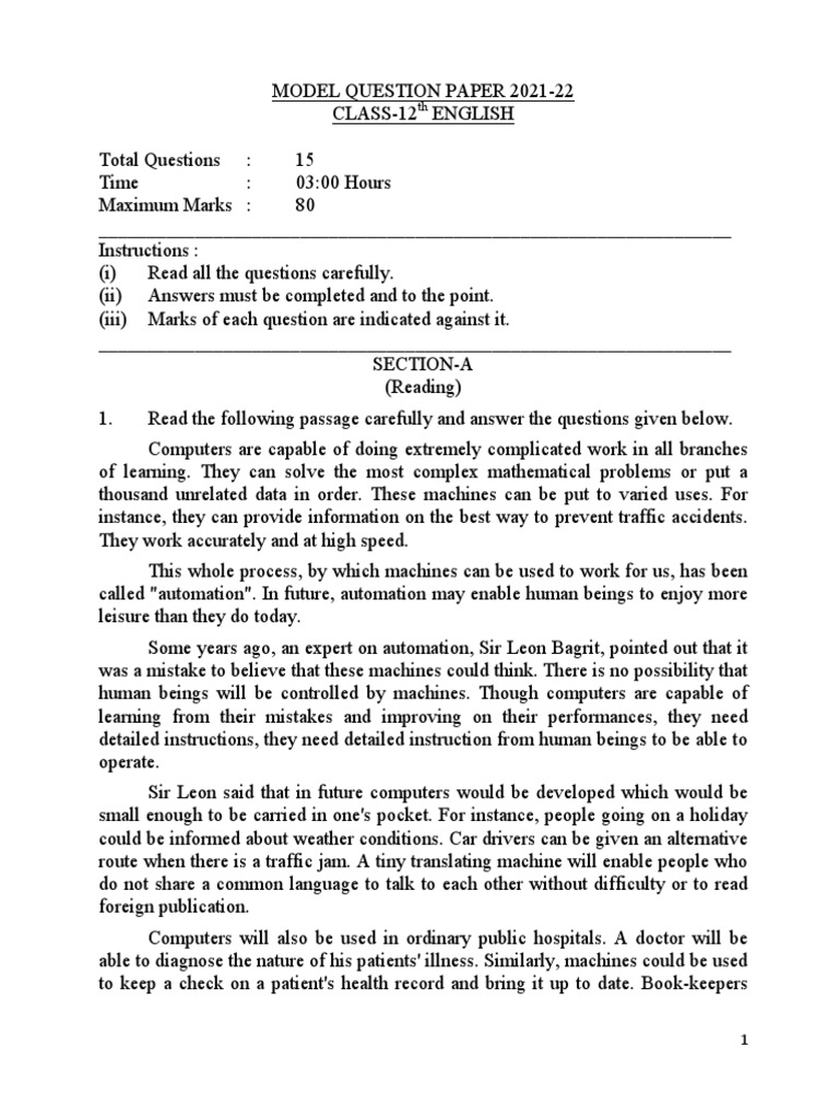 02 ENGLISH 12th Model Question Paper 2021-22 | PDF | Patient | Automation