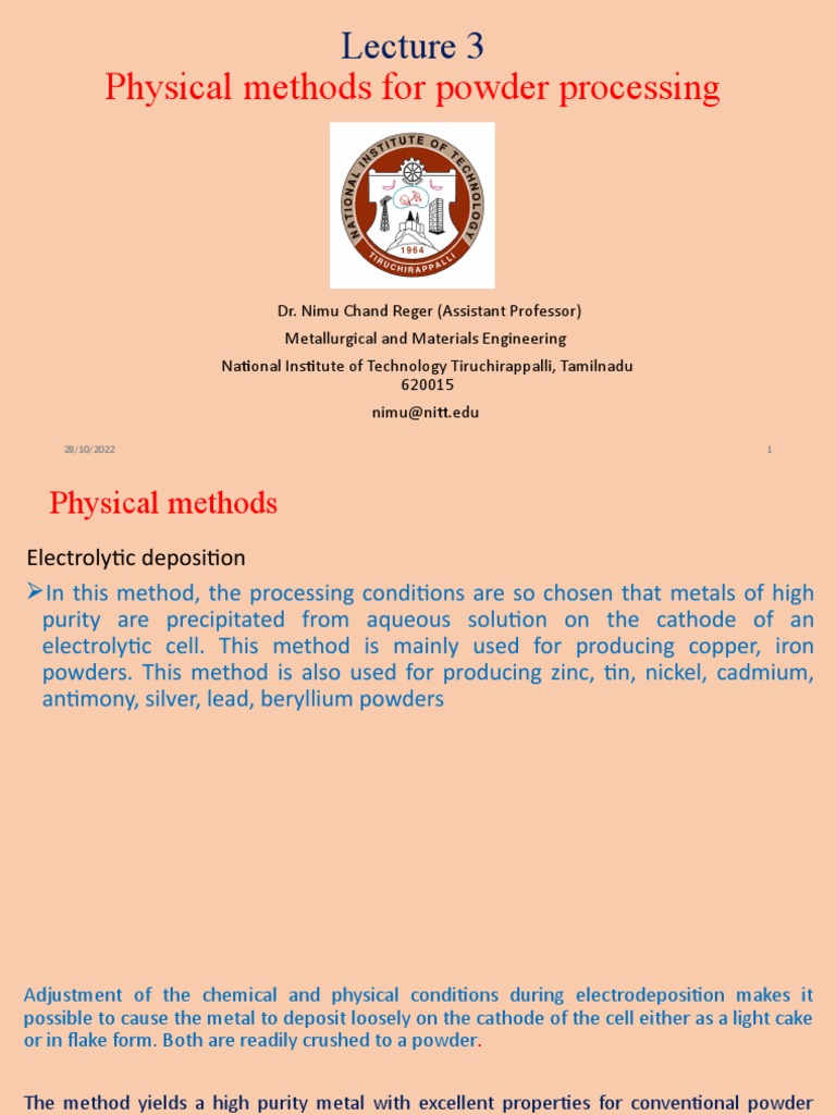 Lecture 3 Phyical Methods For Powder Processing | PDF | Aerosol | Iron