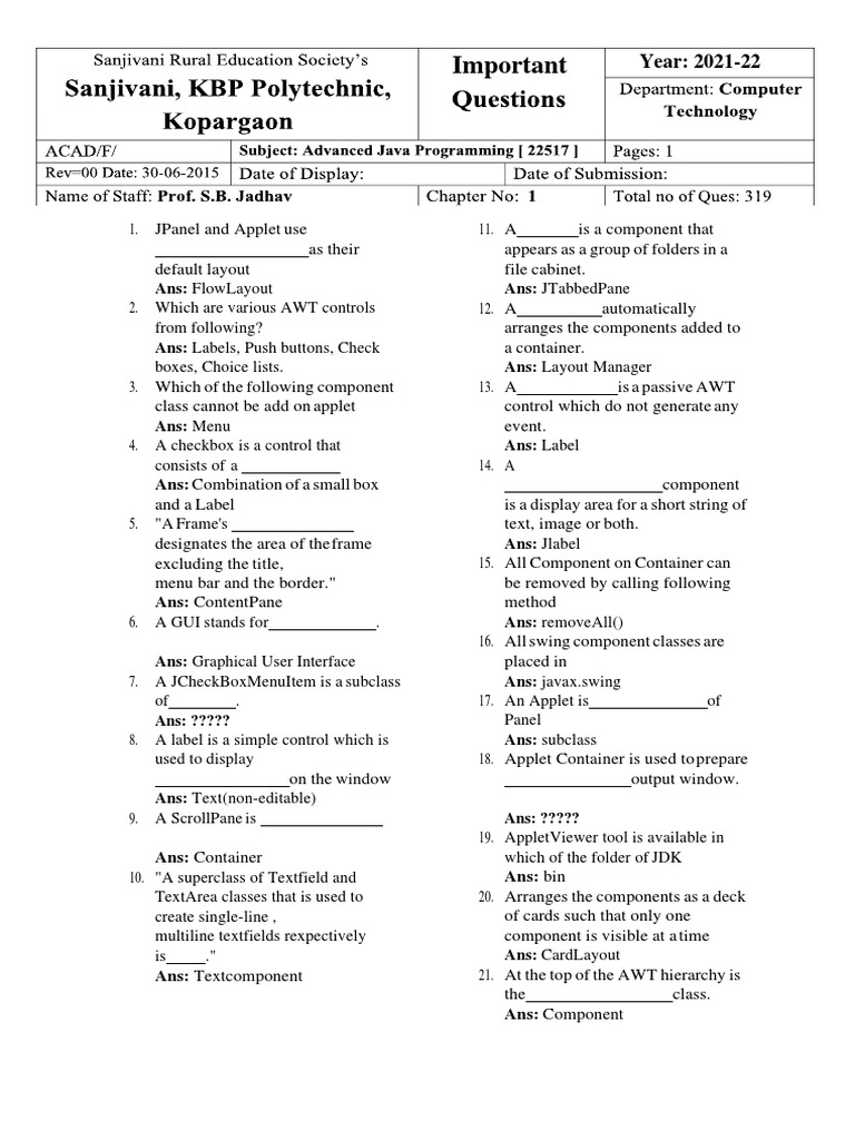 Ajp 22517 Important Questions | PDF | Window (Computing) | Object Oriented Programming