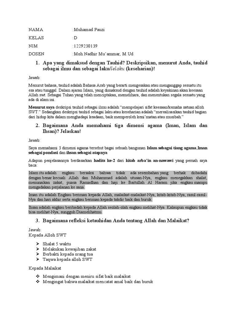Uts Tauhid Muhamad Pauzi 1229230139 | PDF | Agama & Spiritualitas