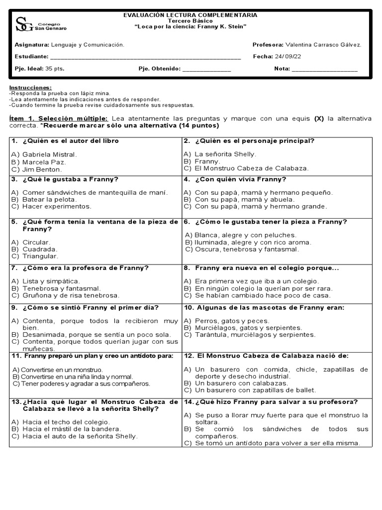 Evaluación Loca Por La Ciencia Franny K Stein | PDF