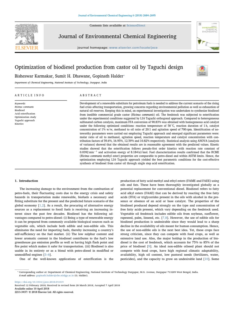 Optimization of Biodiesel Production From Castor Oil by Taguchi Design ...