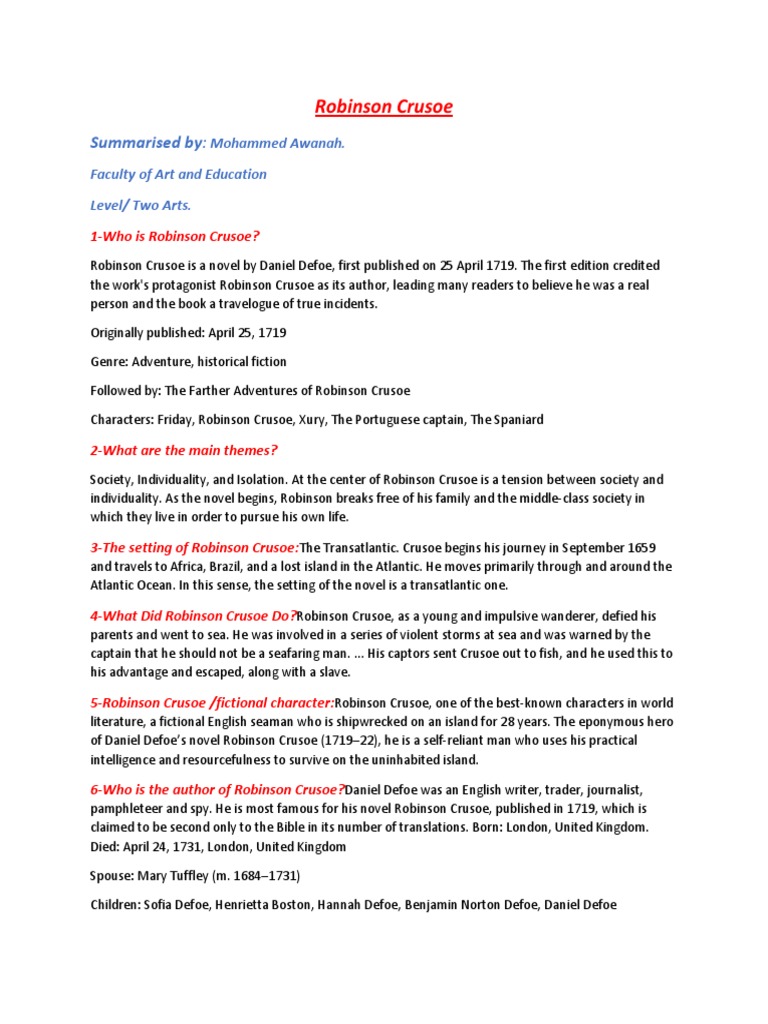 Robinson Crusoe's Novel .Summarised by Mohammad Awanah | PDF | Robinson ...