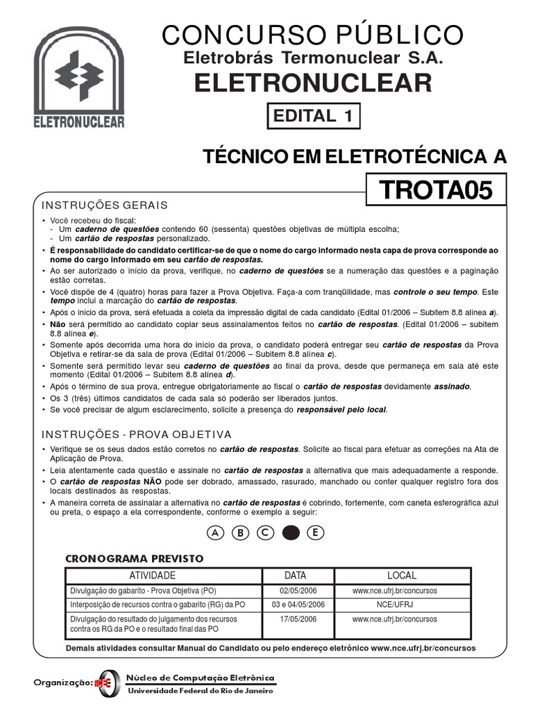 Nce-Ufrj 2006 Eletrobras-Eletronuclear Tecnico-Em-Eletrotecnica-A Prova | PDF | Engenharia de ...