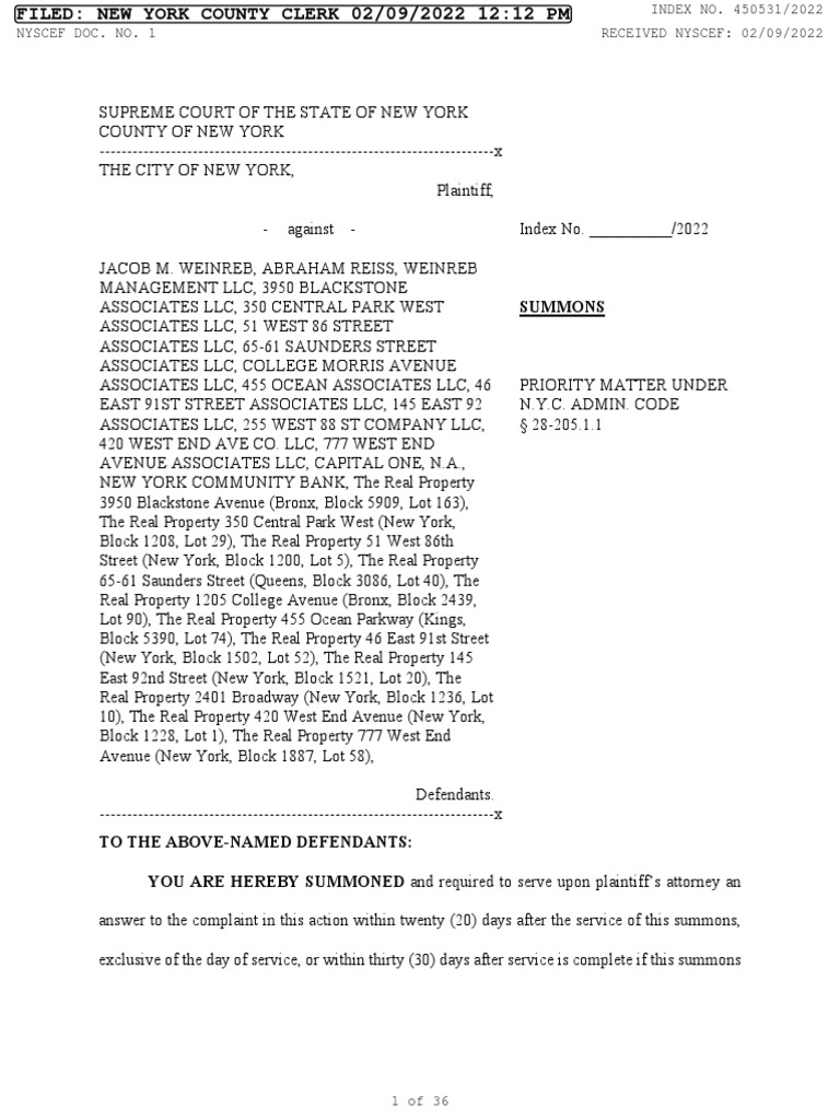 2022 The City of New York V Jacob M Weinreb Et Al SUMMONS COMPLAINT 1 ...