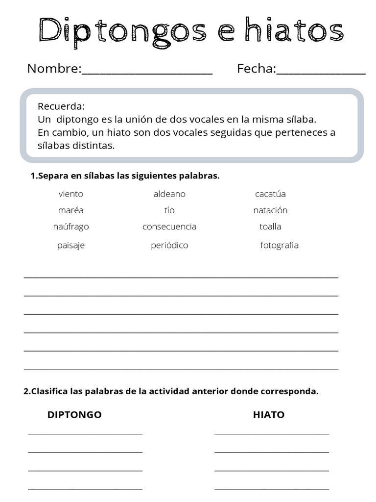 Ejercicios de Diptongos y Hiatos 4° Primaria | PDF