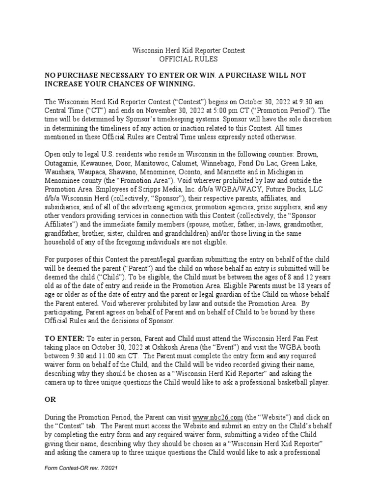 Wisconsin Herd Kid Reporter Contest Rules | PDF | Jurisdiction | License