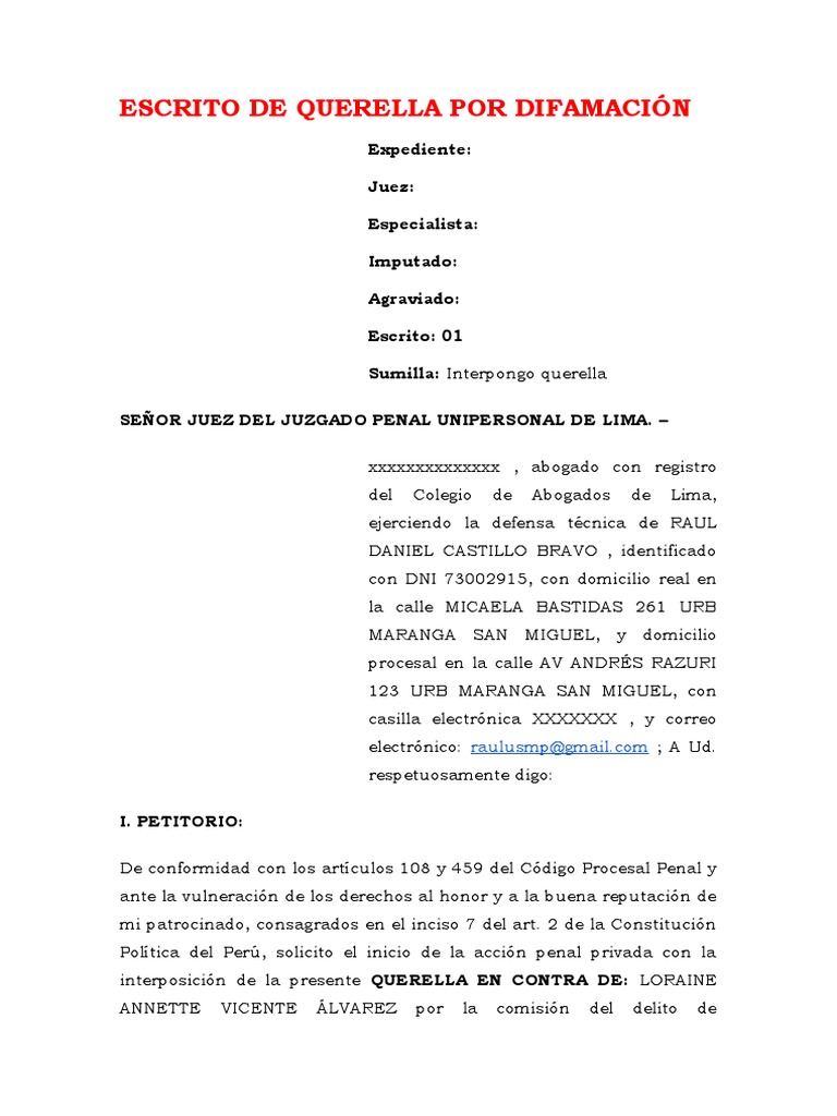 Querella por Difamación en Facebook | PDF | Queja | Derecho penal