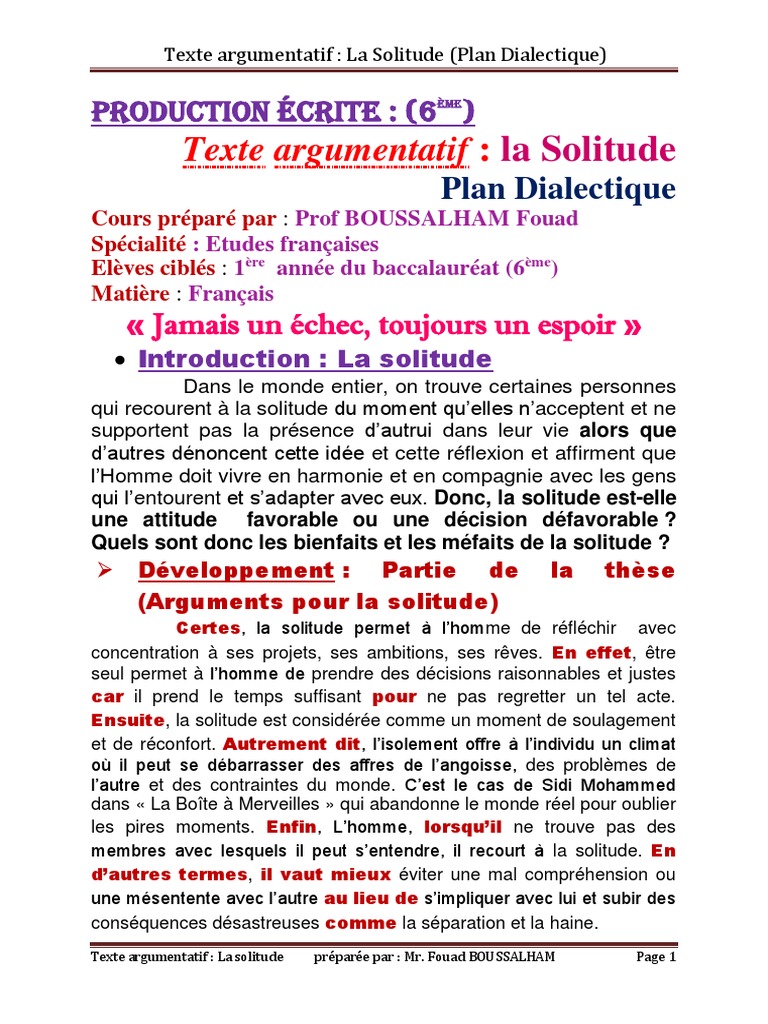 La Solitude Texte Argumentatif | PDF | Solitude