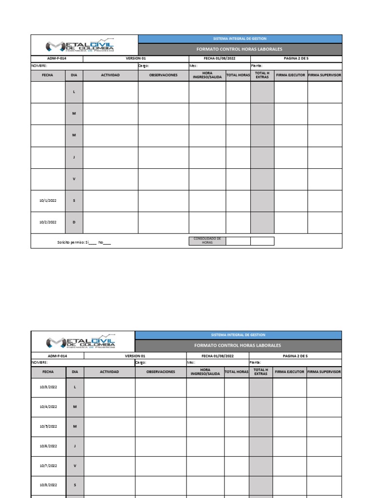 Hseq-A-013 Formato Control Horas | PDF