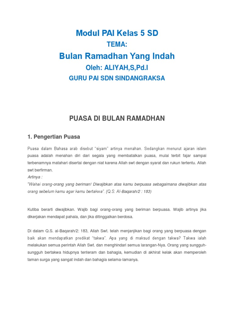 Bulan Ramadhan Yang Indah: Modul PAI Kelas 5 SD | PDF | Agama ...