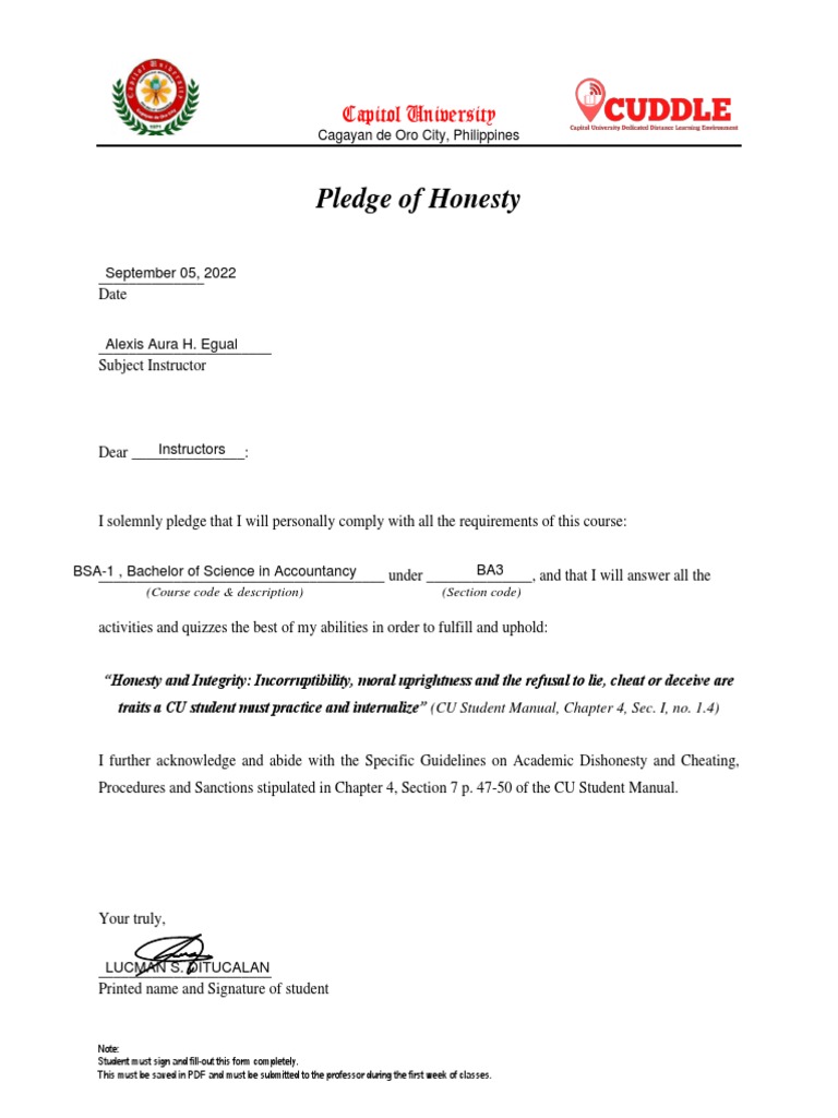 Pledge of Honesty Template v1 | PDF
