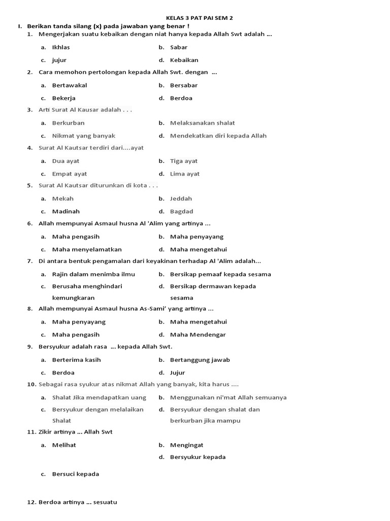 Soal PAT PAI Kelas 3 K13 | PDF