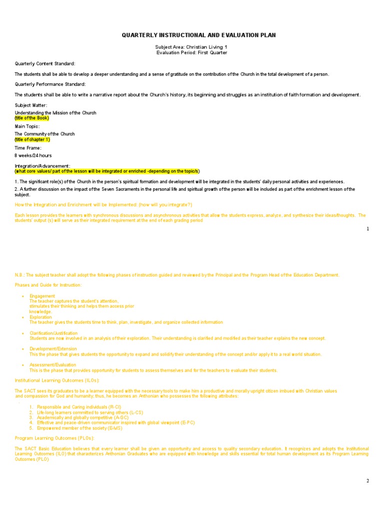 Quarterly Lesson Plan 1 | PDF | Catholic Church | Sacraments