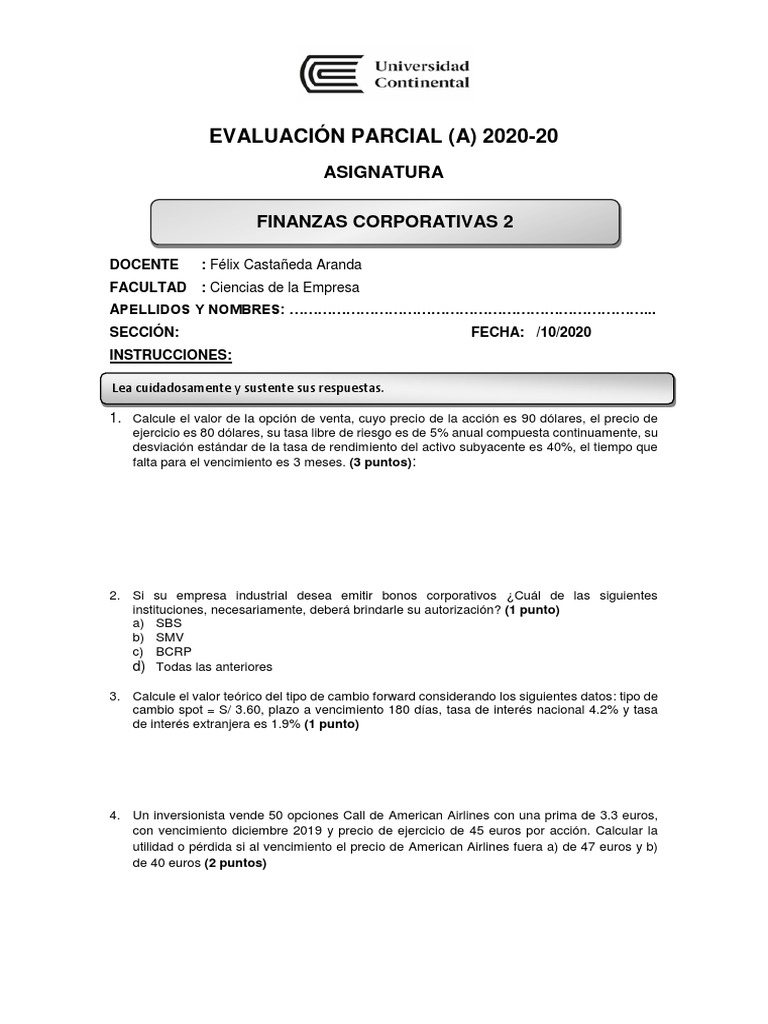 Examen Parcial Finanzas Corporativas 2 | PDF | Opción (Finanzas) | Economias