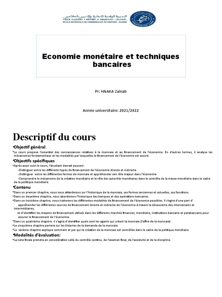 Cours - Economie Monétaire Et Techniques Bancaires VF - 2021-2022 | PDF ...