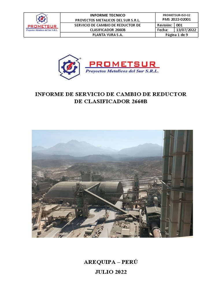 Informe Cambio Reductor Clasificador 2660B | PDF | Sector secundario de ...