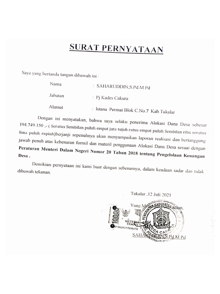 Surat Pernyataan Desa | PDF