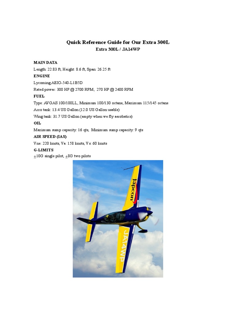 Quick Reference Guide For Extra 300L | PDF | Cockpit | Aviation