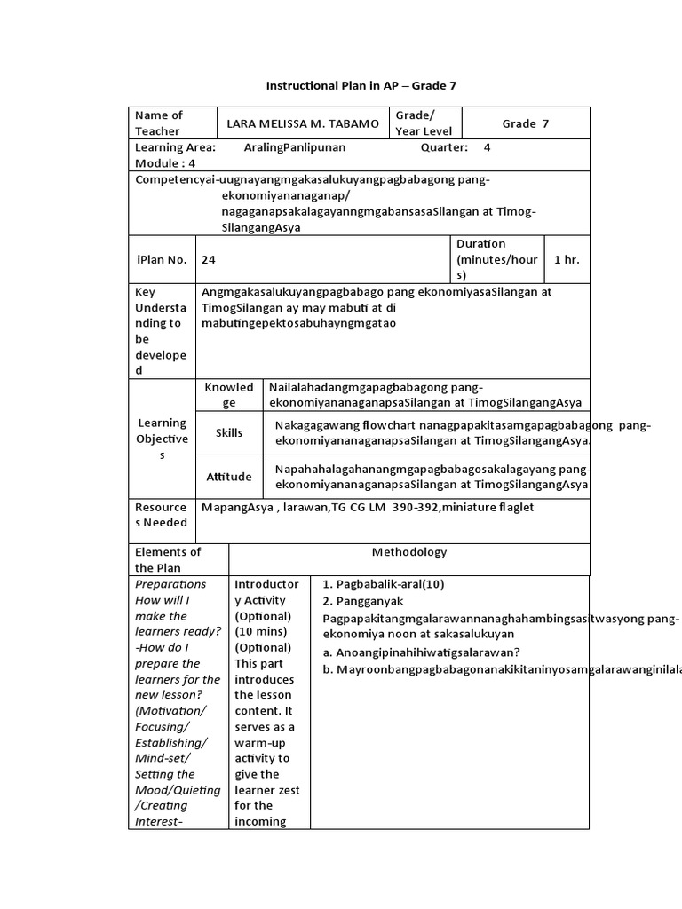 Instructional Plan in AP - Grade 7 | PDF | Learning | Cognitive Psychology