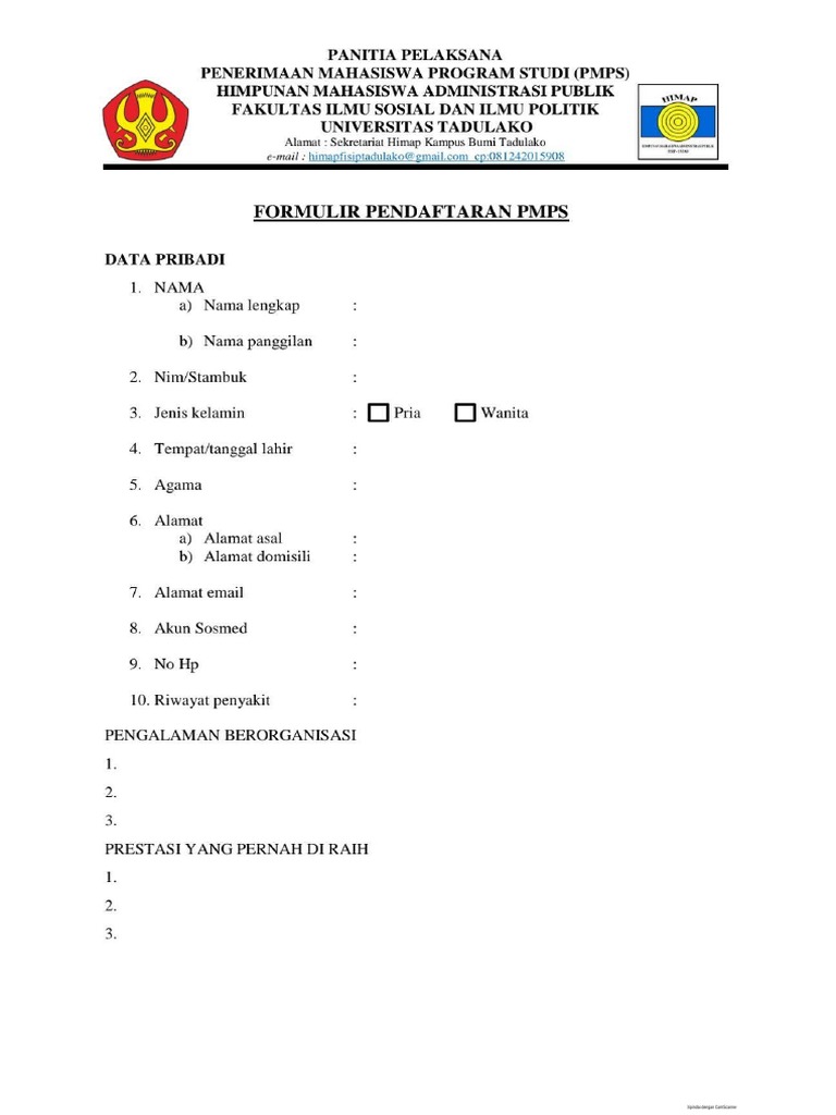 Surat Pendaftaran PMPS Untad | PDF