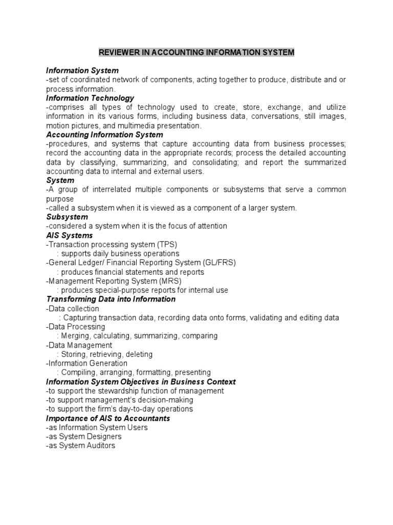 Reviewer in Accounting Information System | PDF | Internal Control | Accounting