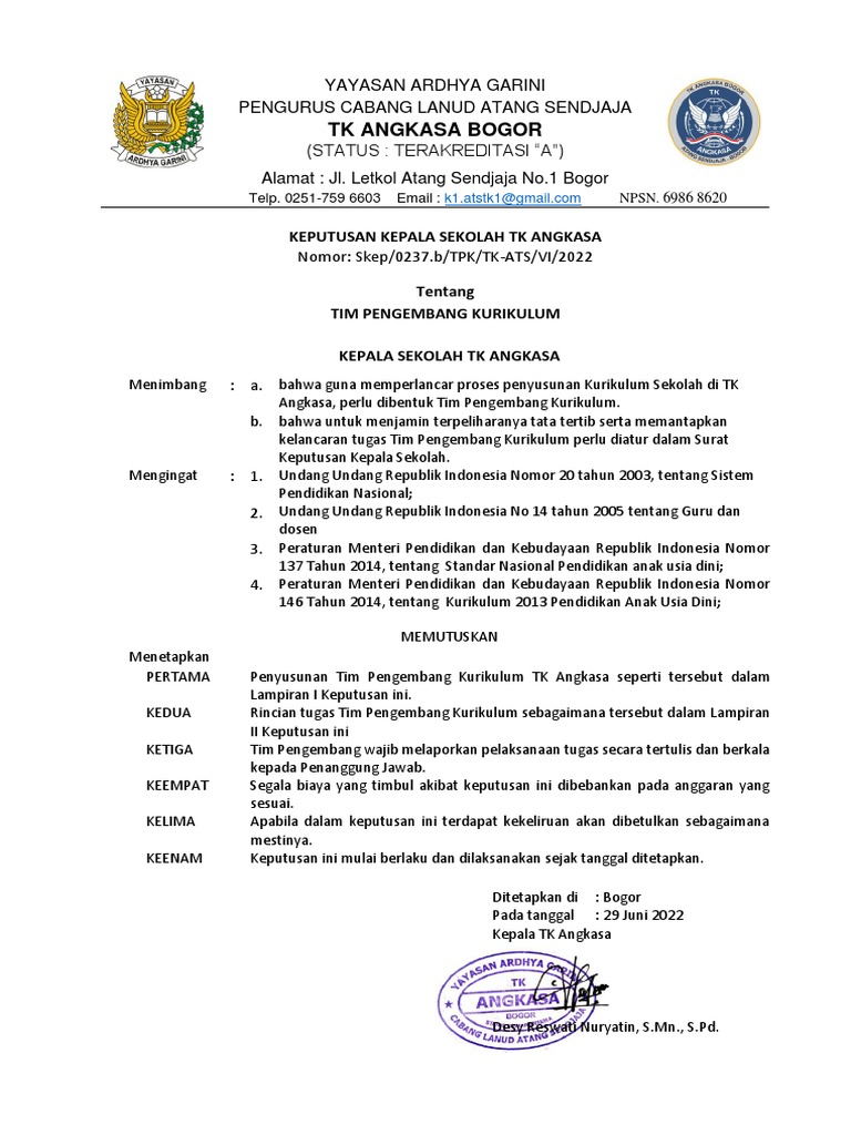 SK Tim Pengembang Kurikulum TP 2022-2023 | PDF