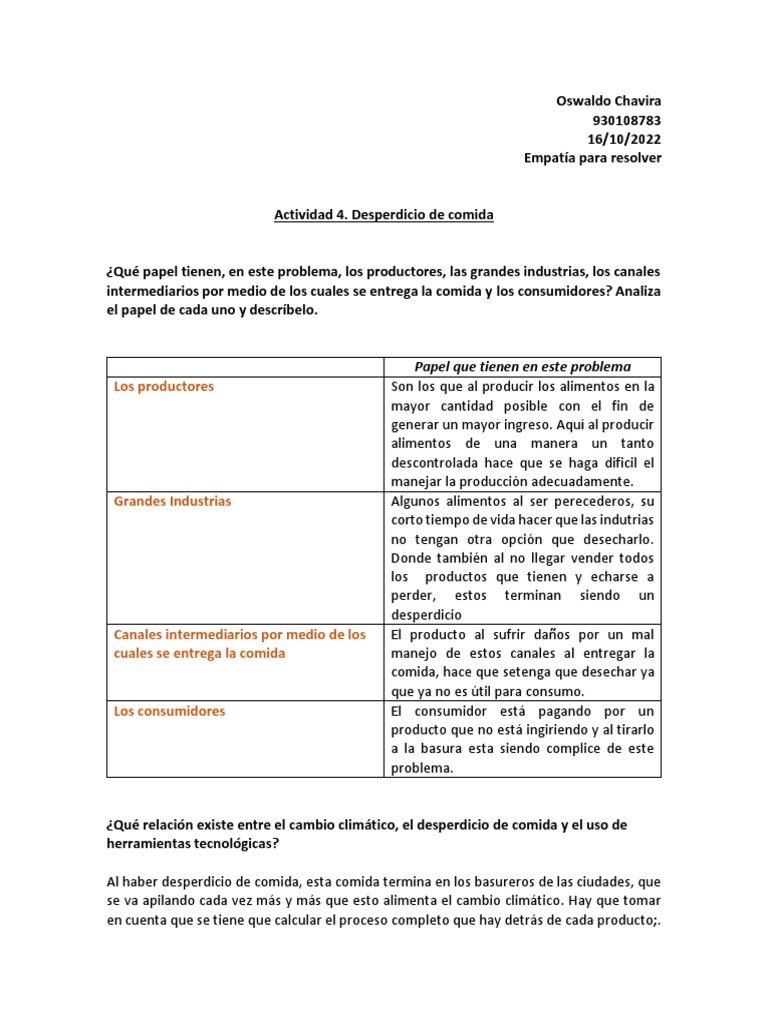 Actividad 4. Desperdicio de Comida | PDF | Alimentos | Residuos