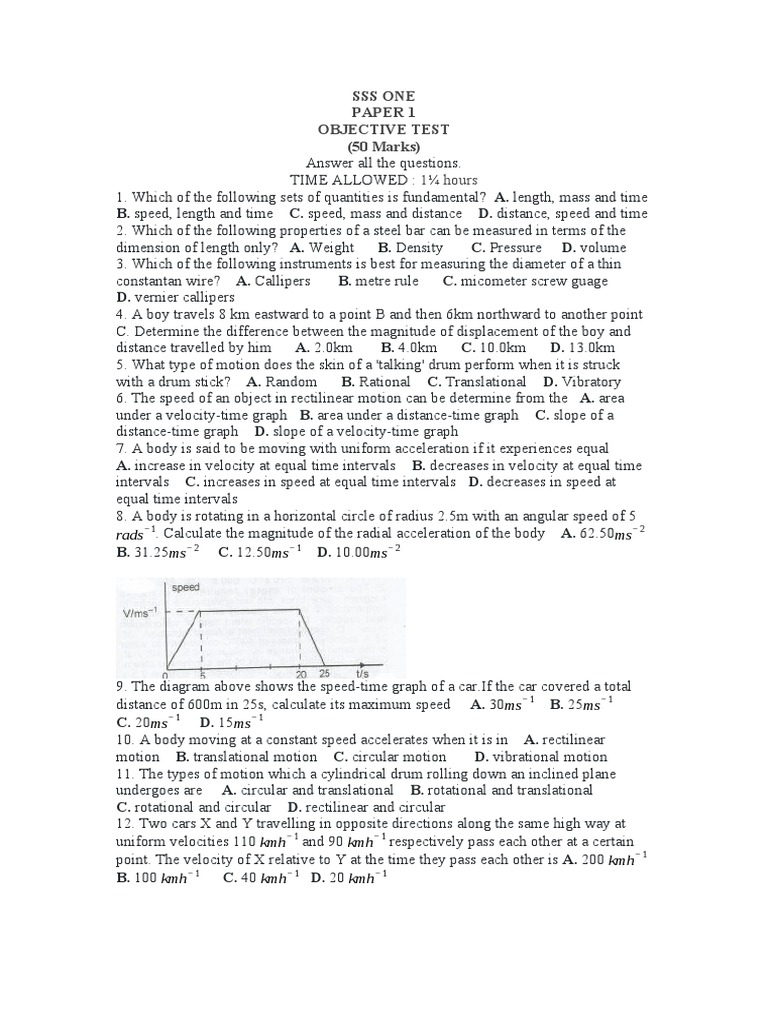 Physics Objective Test Paper | PDF | Force | Momentum