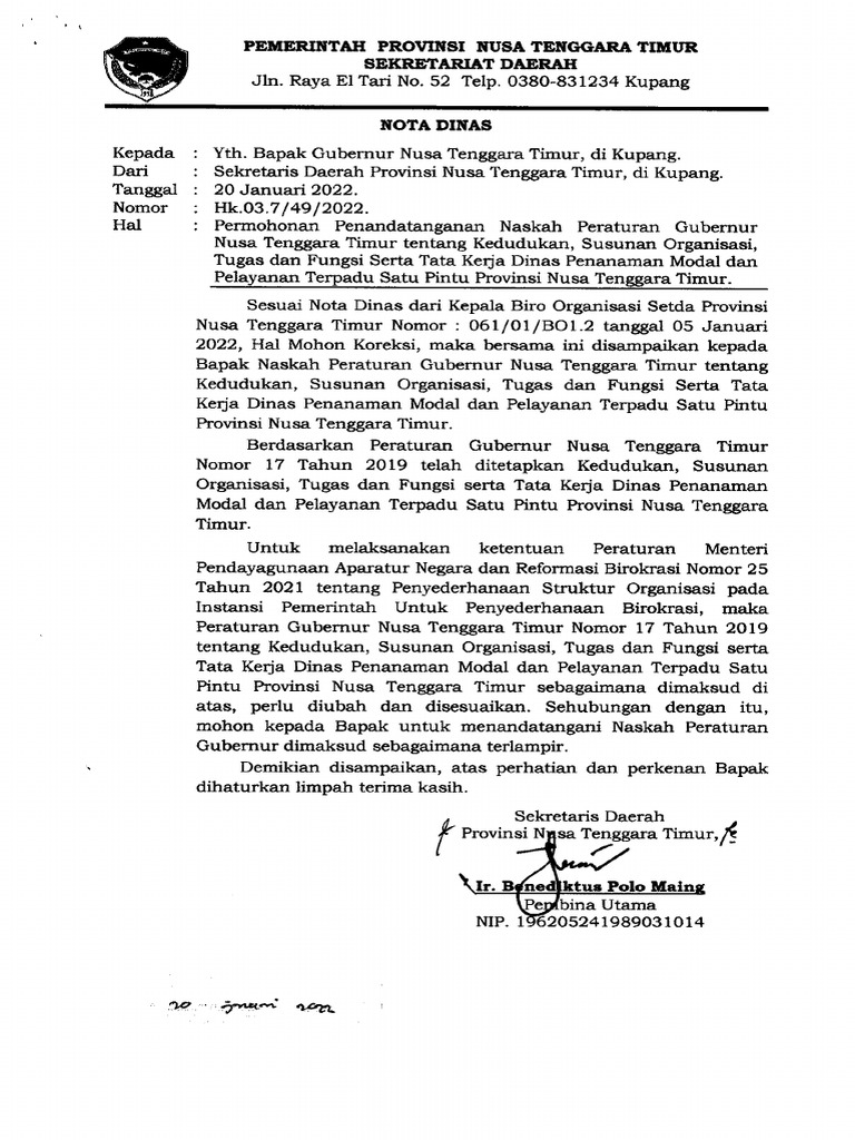 Pergub NTT Nomor 16 Tahun 2022 - SOTK Dinas Penanaman Modal Dan PTSP | PDF