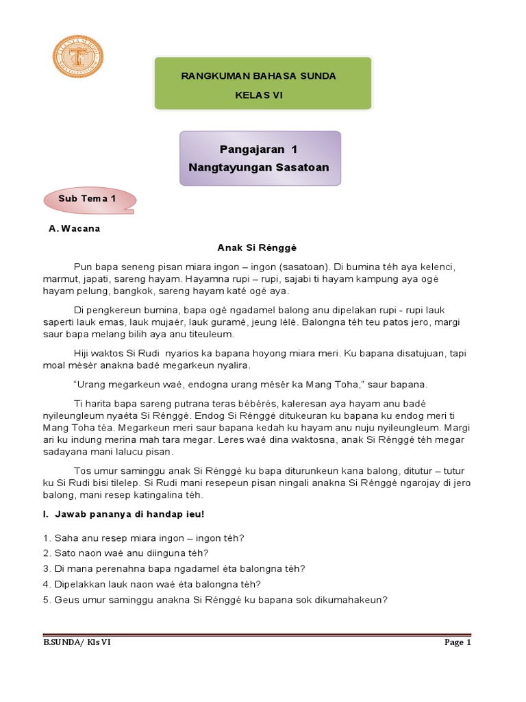 Rangkuman Bahasa Sunda Kelas 6 Semester 1 | PDF